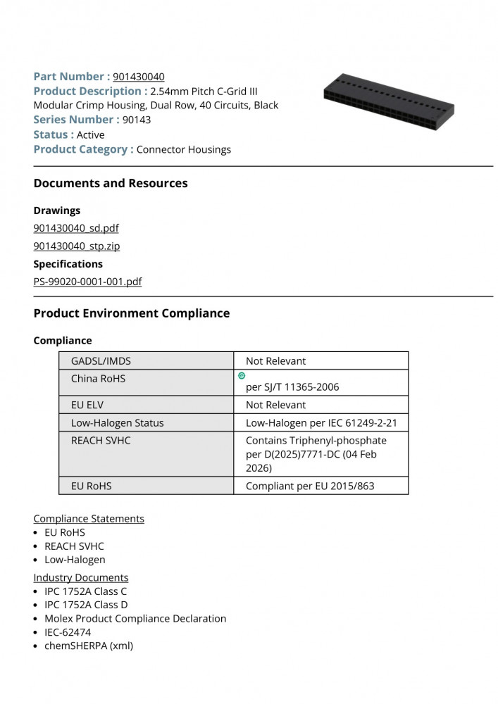 Technical document page 1 for Molex 901430040