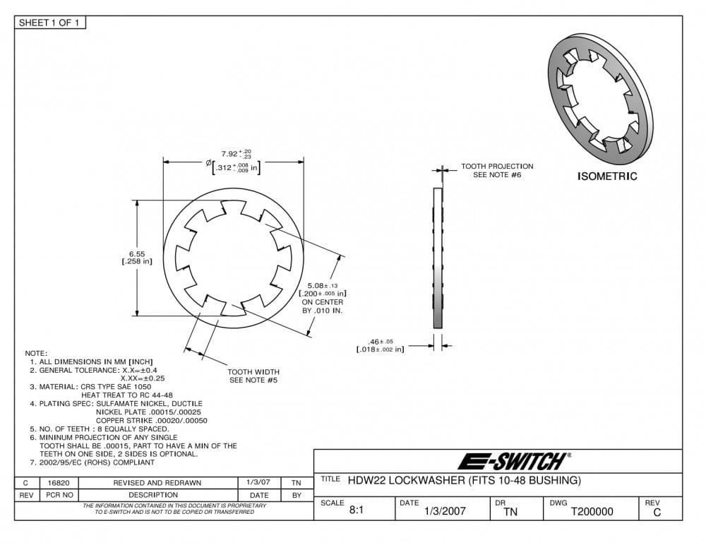 E-Switch HDW22LOCKWASHERPLTD technical drawing page