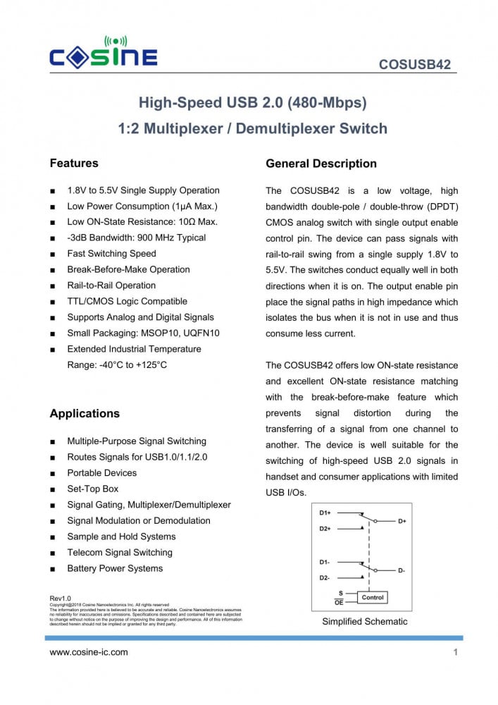 COSUSB42MUX datasheet page 1
