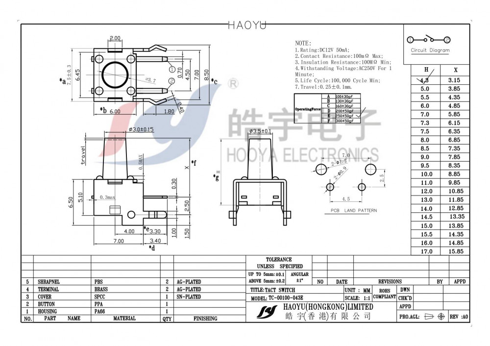 HOOYA TC-00100-043E technical drawing