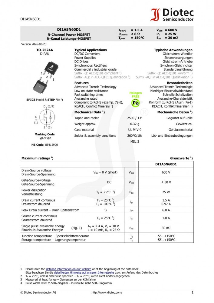 DI1A5N60D1 datasheet page 1