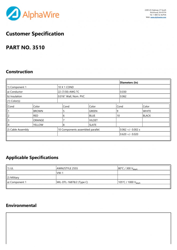 Alpha Wire 3510 MC005 technical document page 1