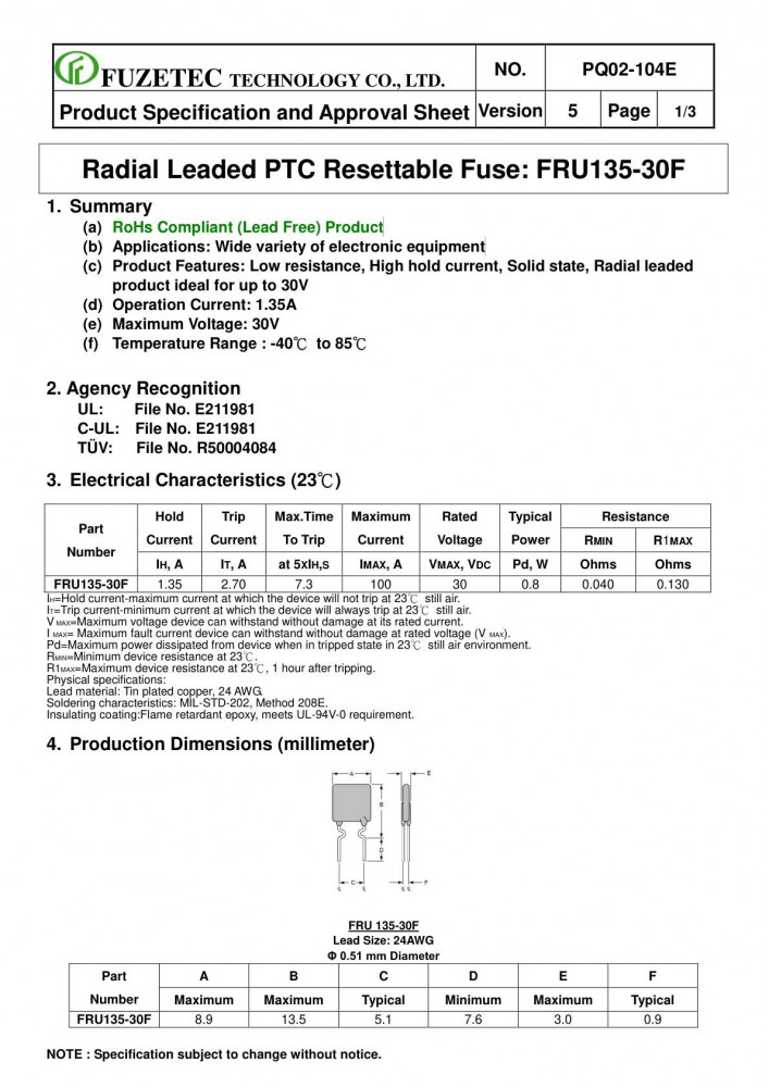 FRU135-30F specification sheet page 1