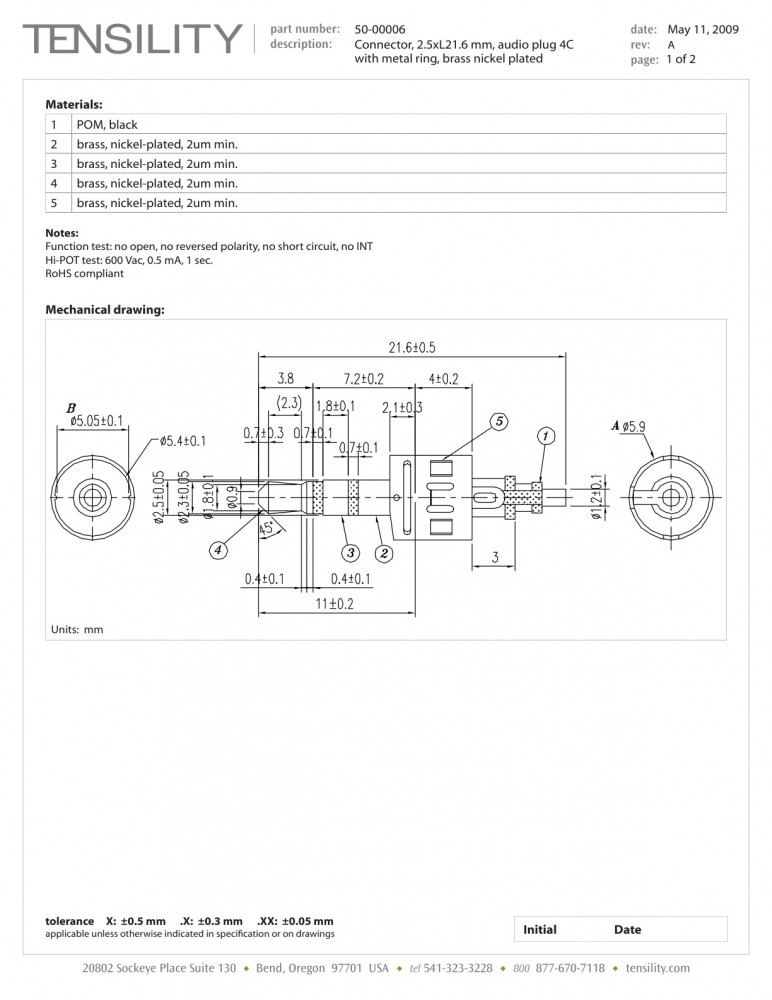 50-00006 product specification, page 1