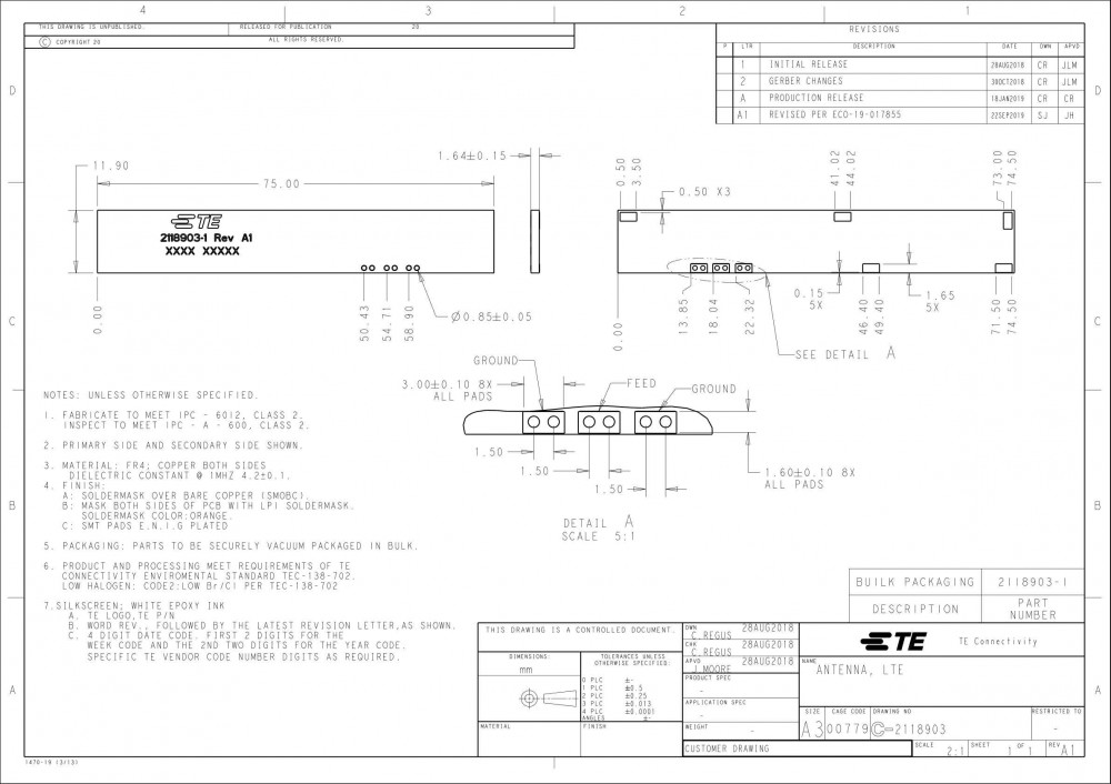 Technical drawing image for DEUTSCH 2118903-1 LTE antenna PCB