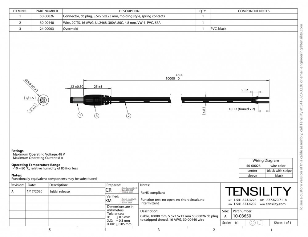 Tensility International 10-03650 product drawing and wiring information