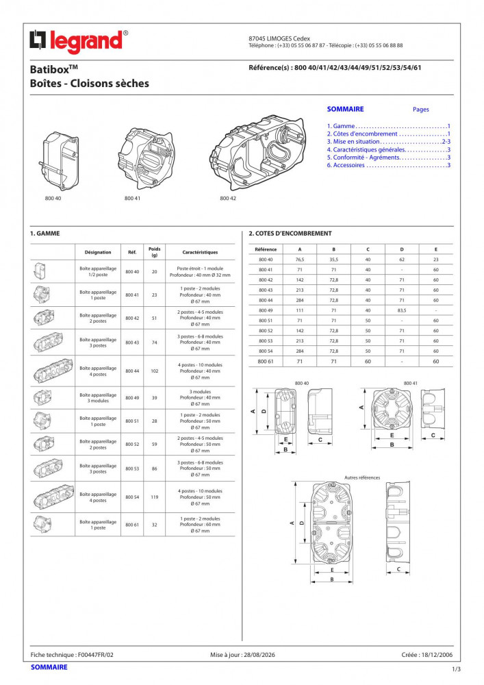 Legrand Batibox dry-partition box documentation, page 1