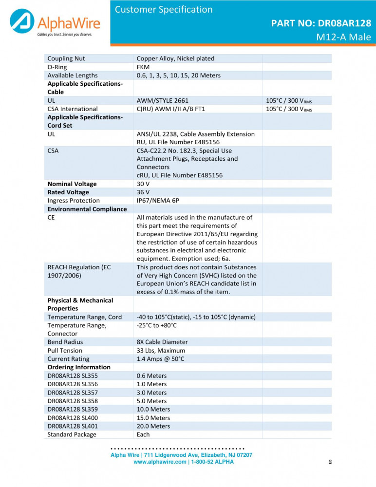 Alpha Wire DR08AR128 SL355 M12-A male end drawing