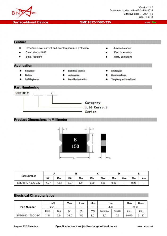 BNstar SMD1812-150C-33V datasheet page 1