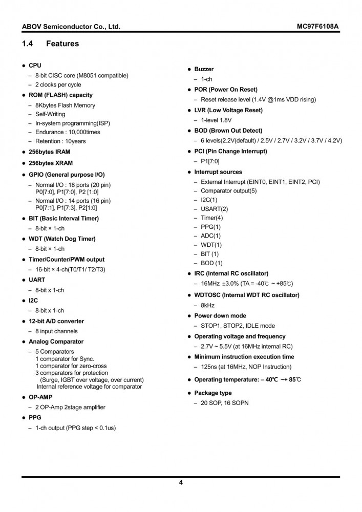 MC97F6108ADBN datasheet page 4