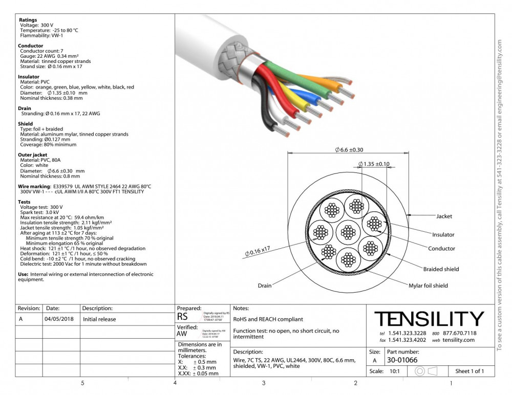 Tensility International 30-01066 cable specification drawing
