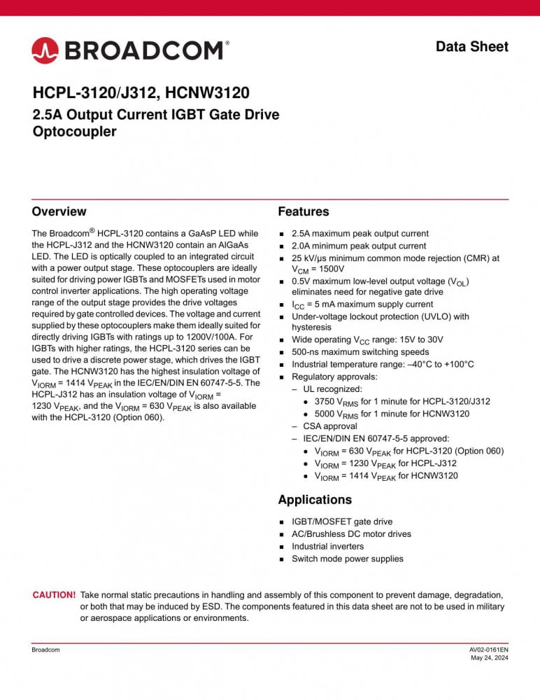 HCNW3120 datasheet page 1