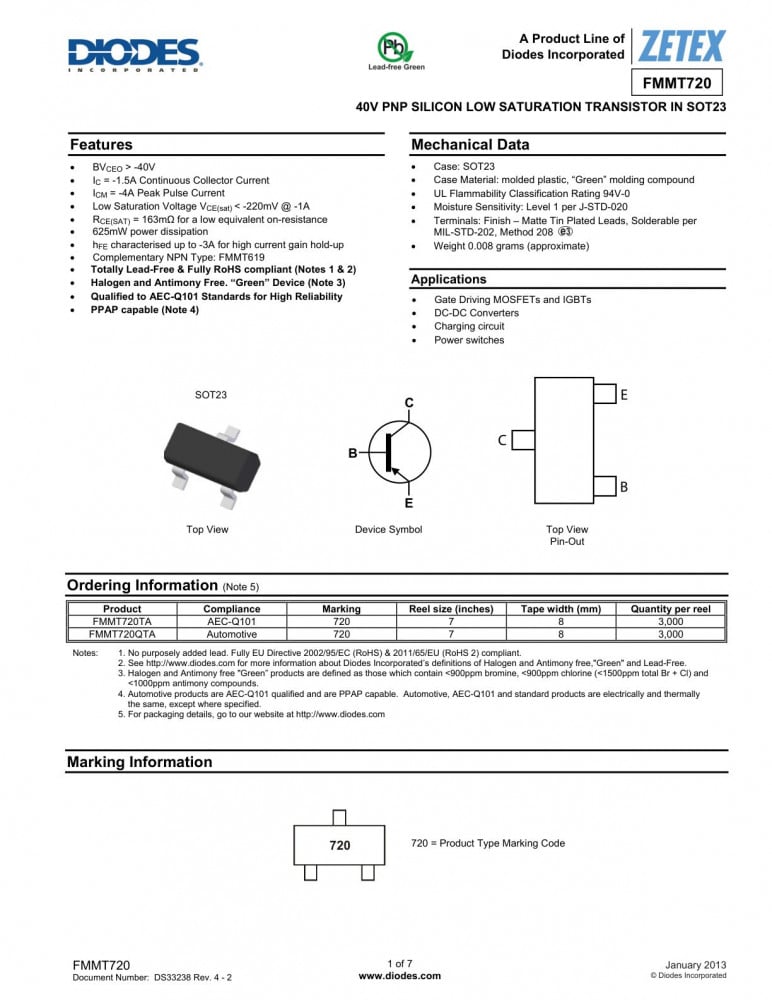 FMMT720TA datasheet page 1