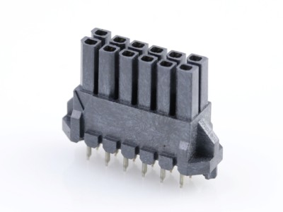 Micro-Fit BMI Receptacle Header, Dual Row, Right-Angle, with Press-fit Plastic Pegs, 1.02µm Tin (Sn) Plating, Mylar Positioning Strip, 12 Circuits