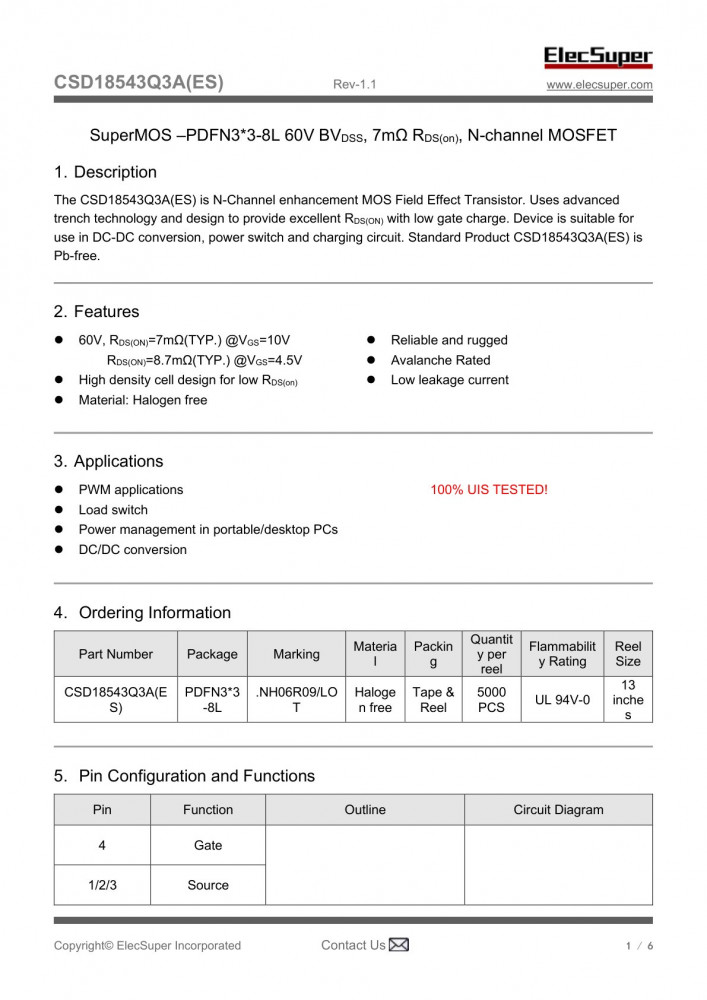 CSD18543Q3A(ES) datasheet page 1