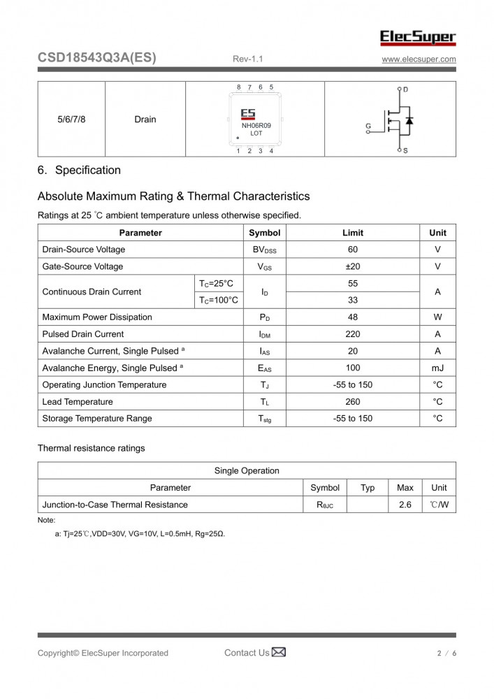 CSD18543Q3A(ES) datasheet page 2
