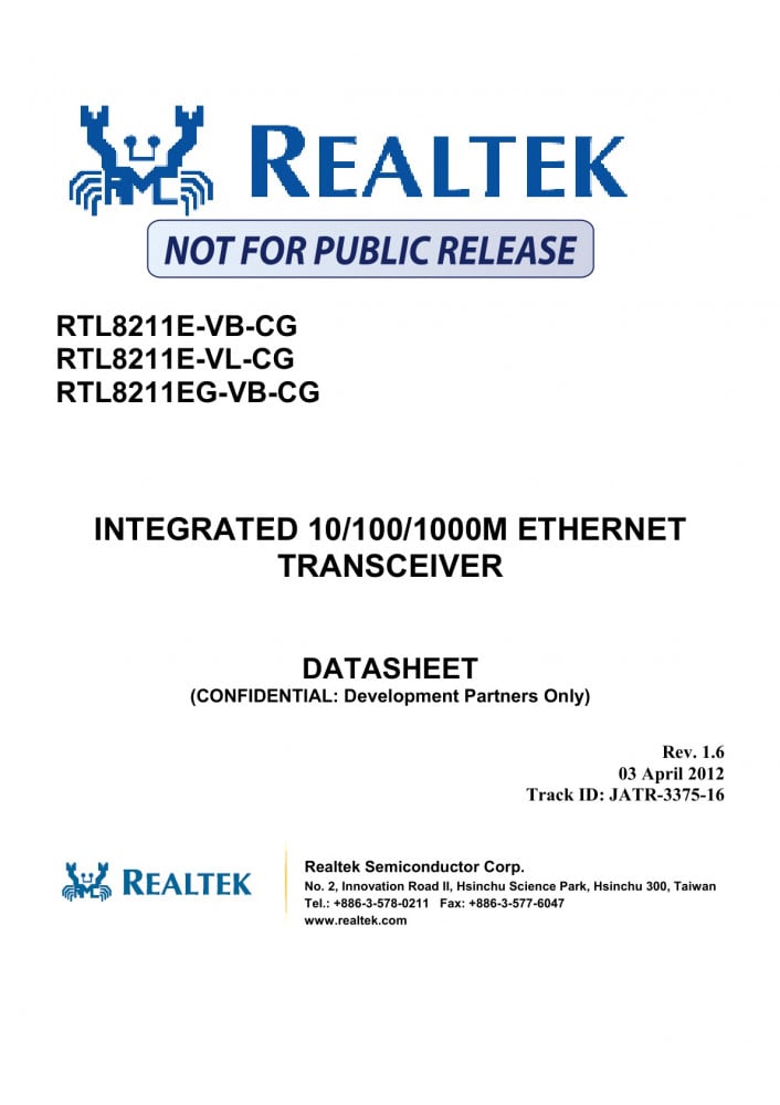 RTL8211E datasheet page 1