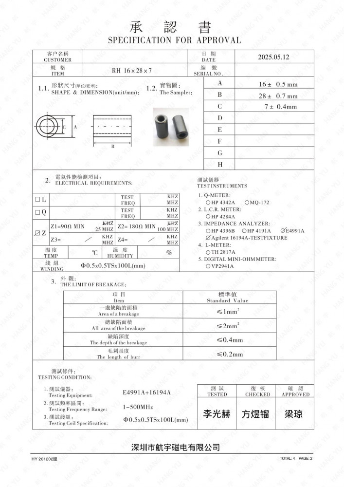 RH16×28×7 approval document page 2