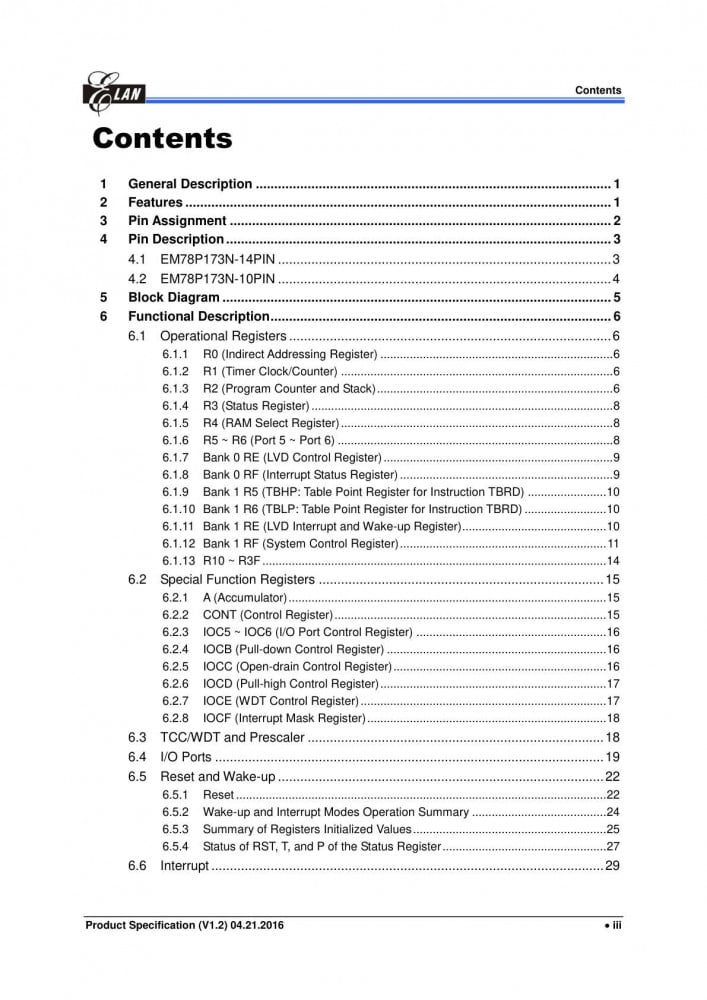 EM78P173N datasheet page 3