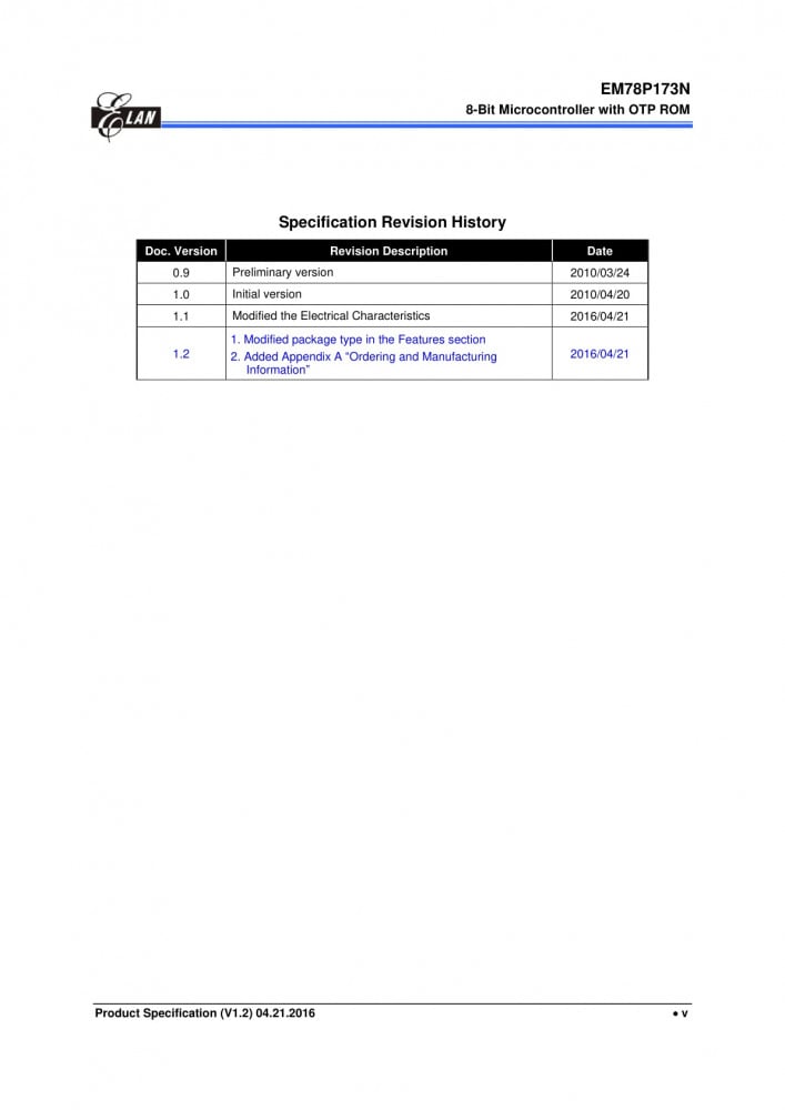 EM78P173N datasheet page 5