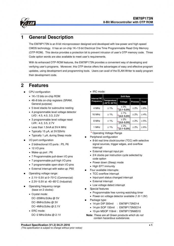 EM78P173N datasheet page 7