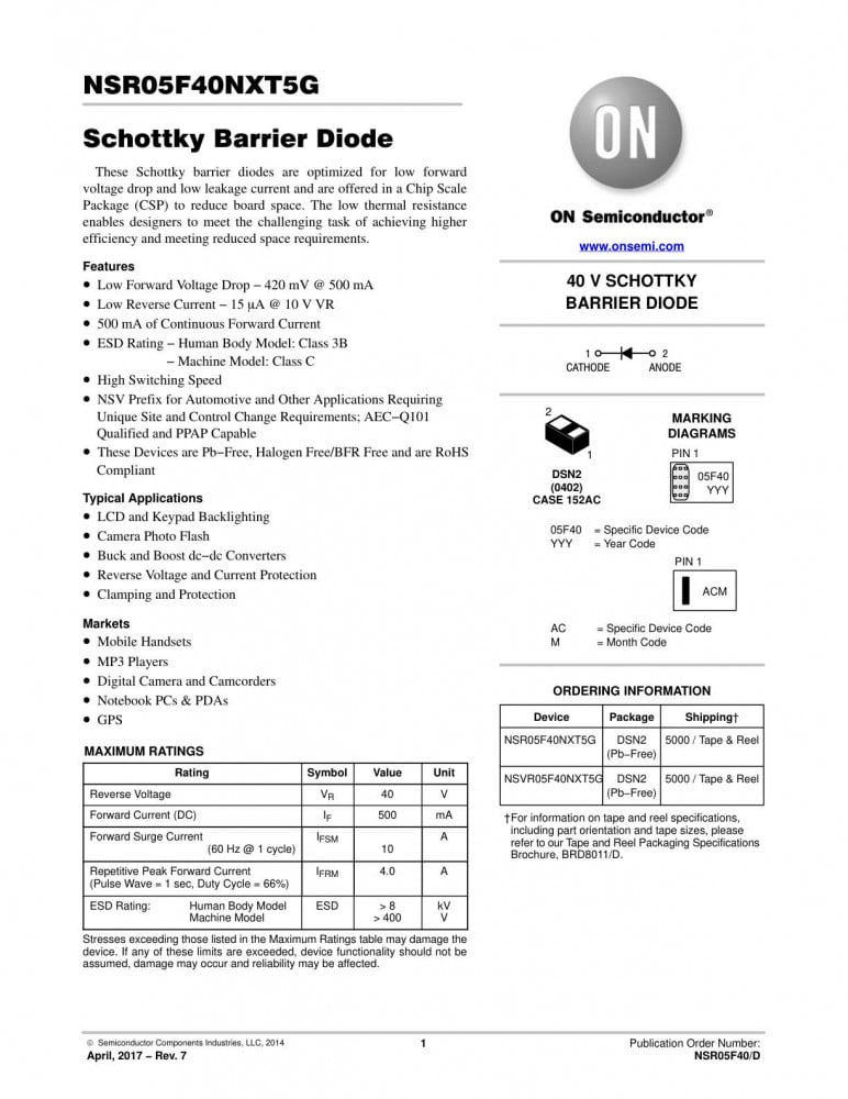 NSR05F40NXT5G datasheet page 1