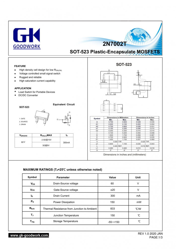 GOODWORK 2N7002T datasheet page 1