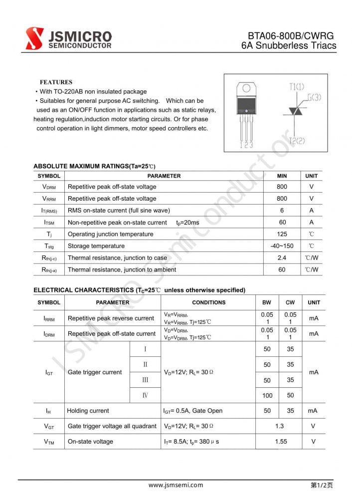 BTA06-800BWRG datasheet page 1