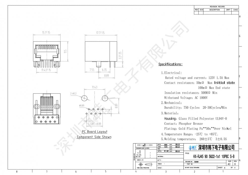 HX-RJ45 90 5622-1x1 10P8C S-B technical drawing page