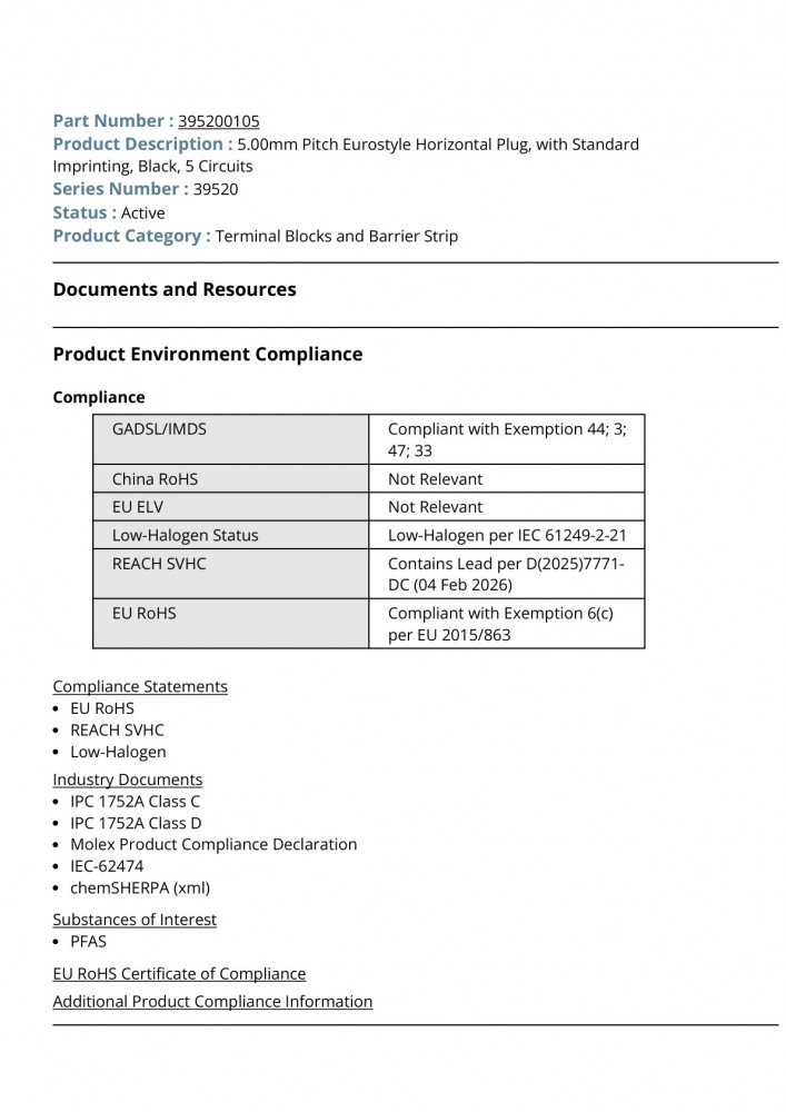 Technical document image 1 for MOLEX 395200105
