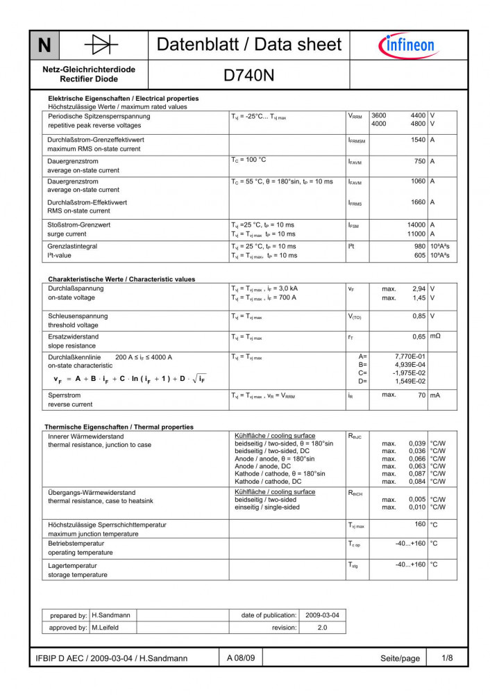 Infineon D740N data sheet page 1