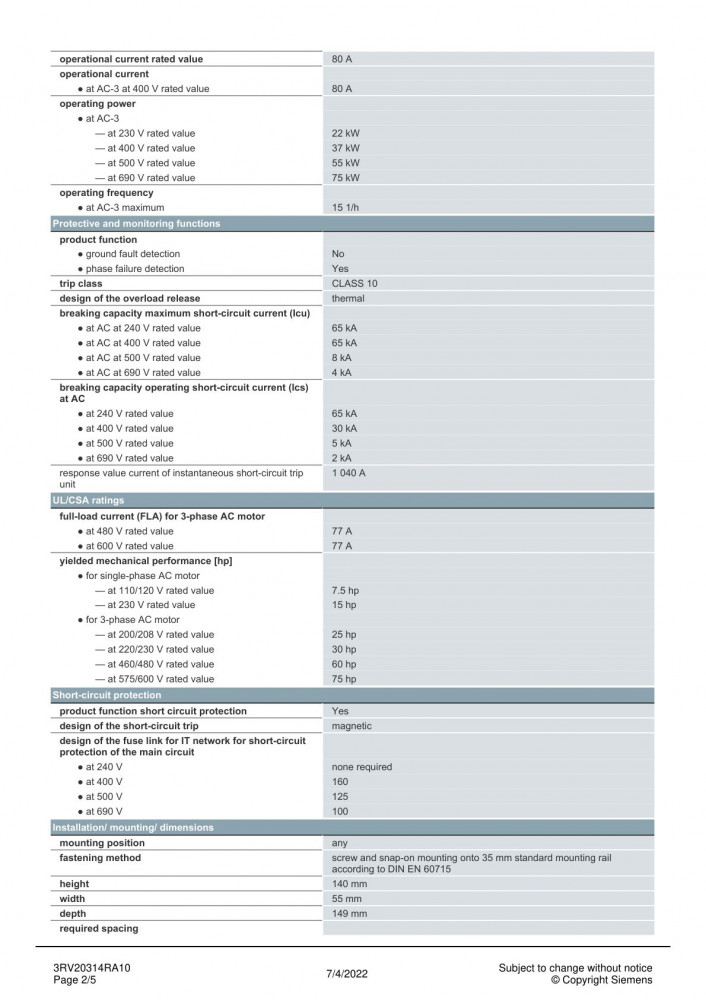 3RV20314RA10 datasheet page 2