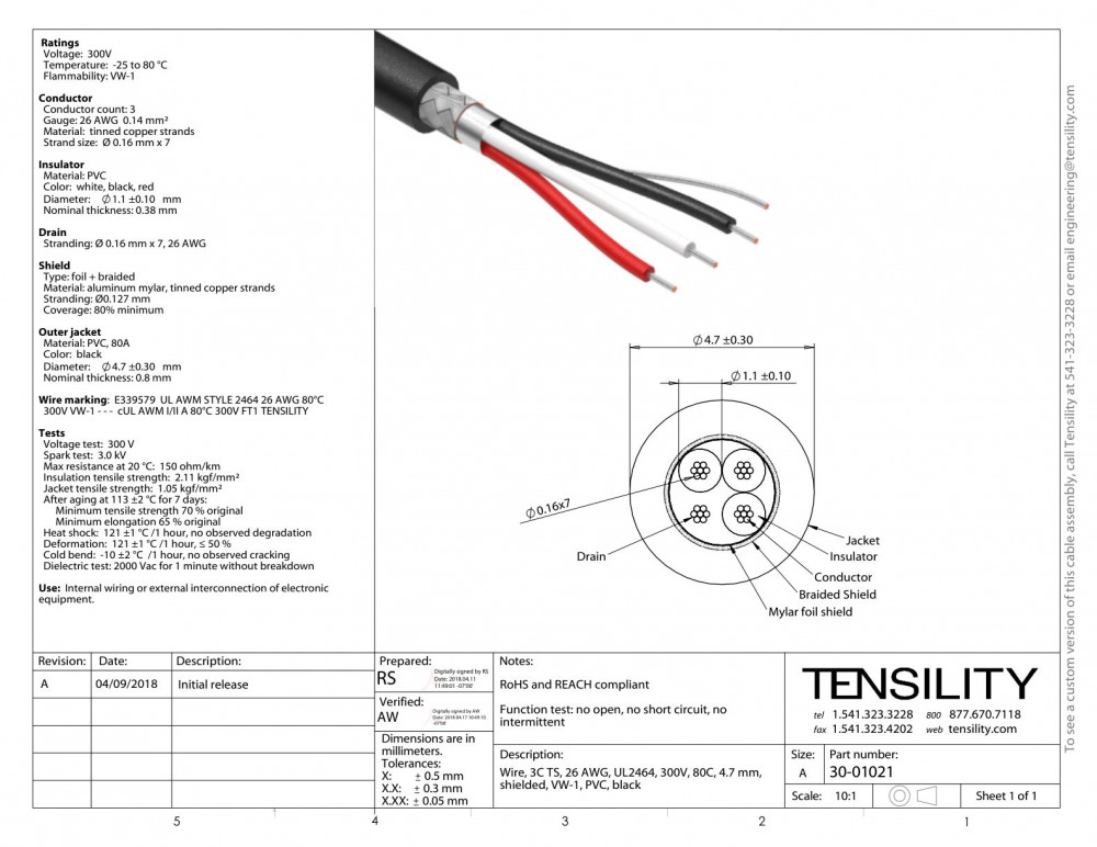 Tensility International 30-01021 product drawing and cable specification page