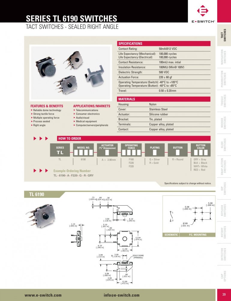 E-Switch TL6190 technical document preview