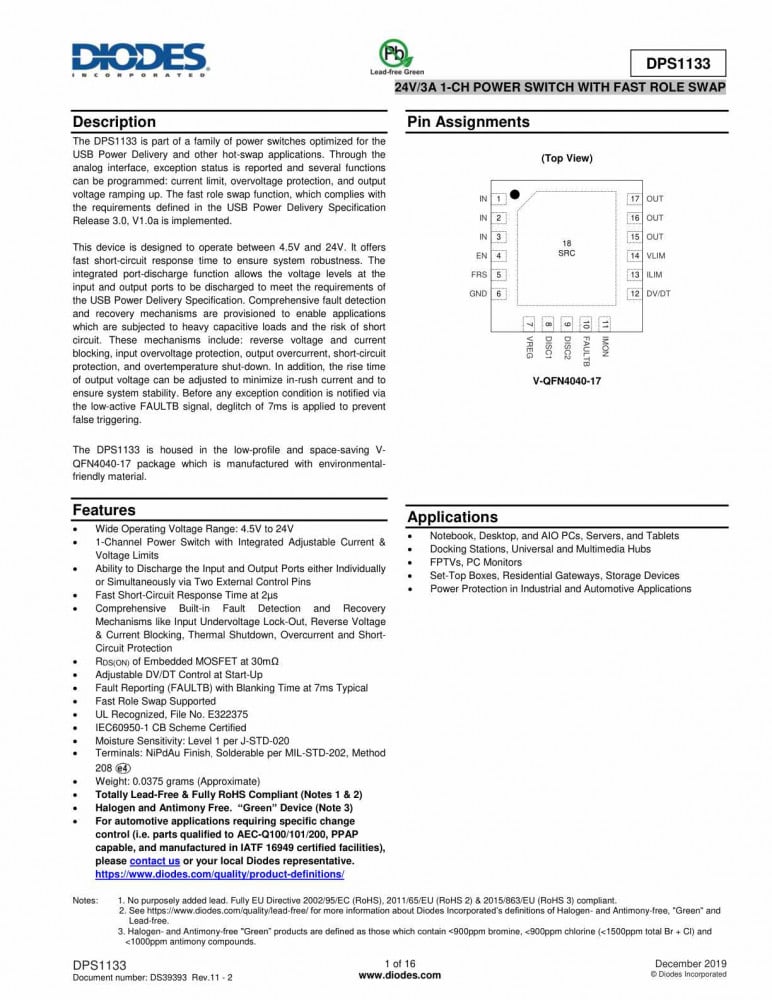 DPS1133FIA-13 datasheet page 1