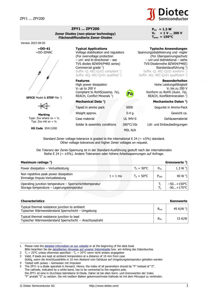 DIOTEC ZPY series datasheet page 1