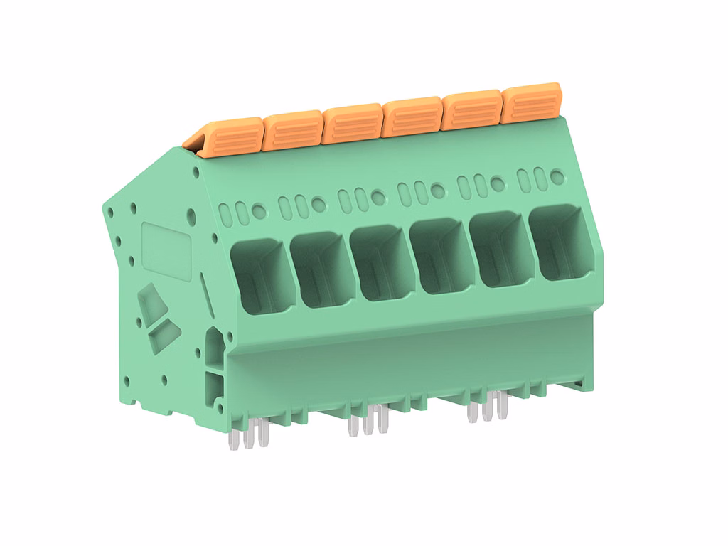 10.00mm Pitch Lever Activated Fixed Mount PCB Terminal Block, 35° Wire Entry, Left Front Terminal, 6 Circuits for sale