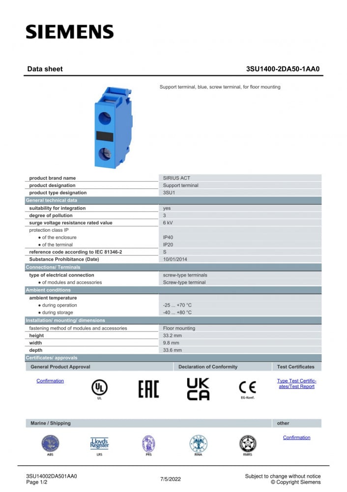 SIEMENS 3SU14002DA501AA0 datasheet page 1