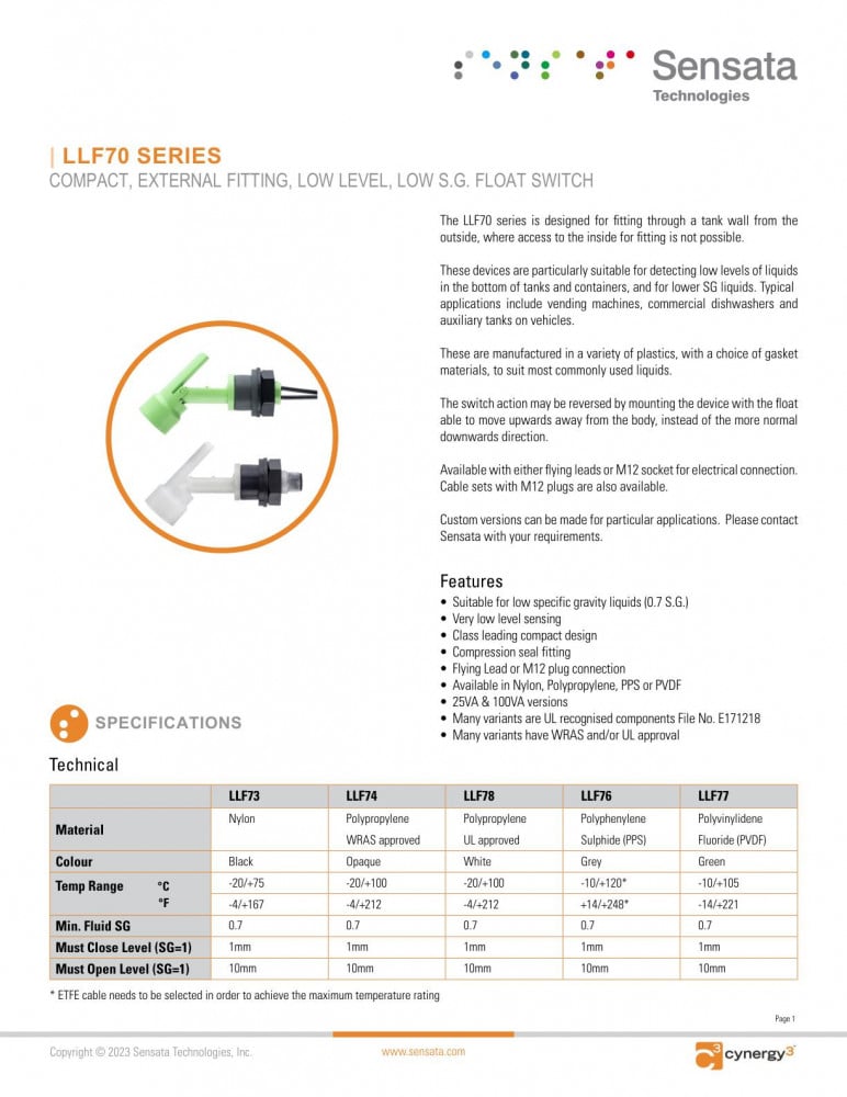 Sensata LLF70 series product document page 1