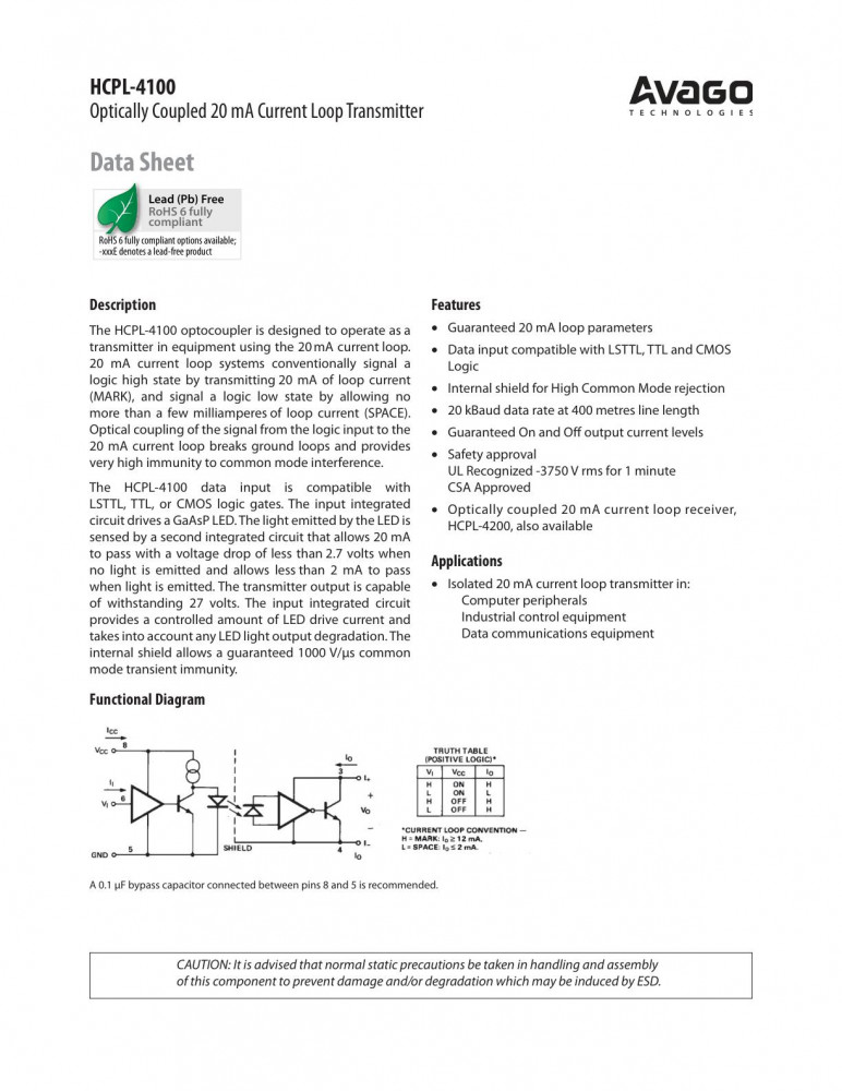 HCPL-4100-500E datasheet page 1