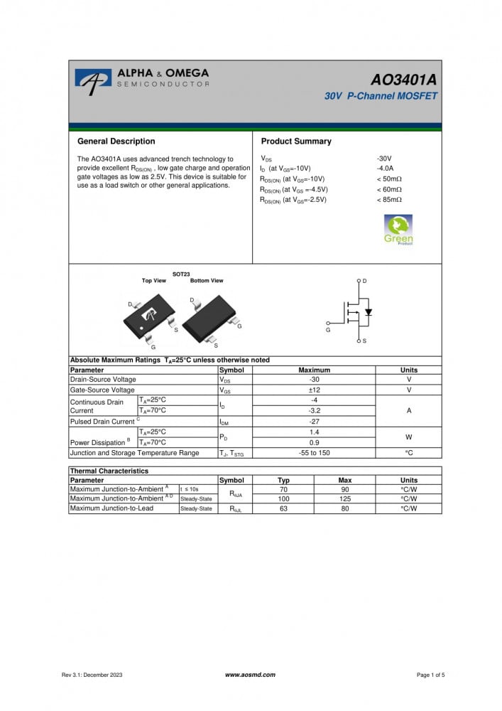 AO3401A datasheet page 1