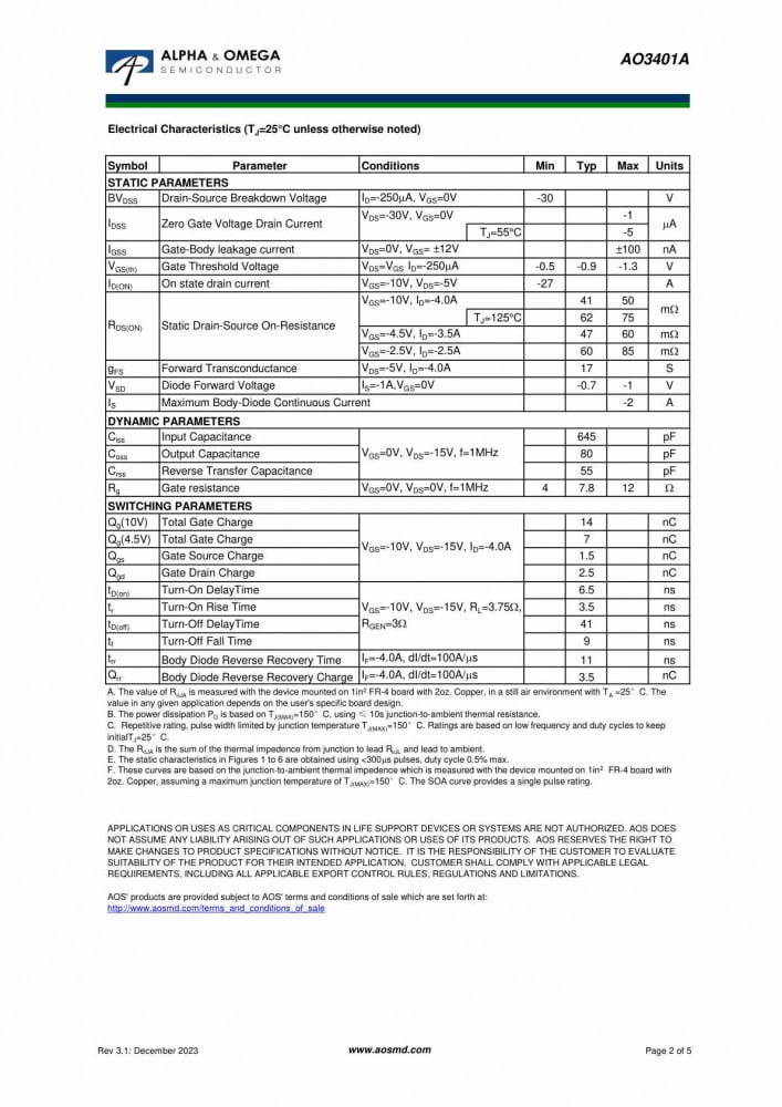 AO3401A datasheet page 2