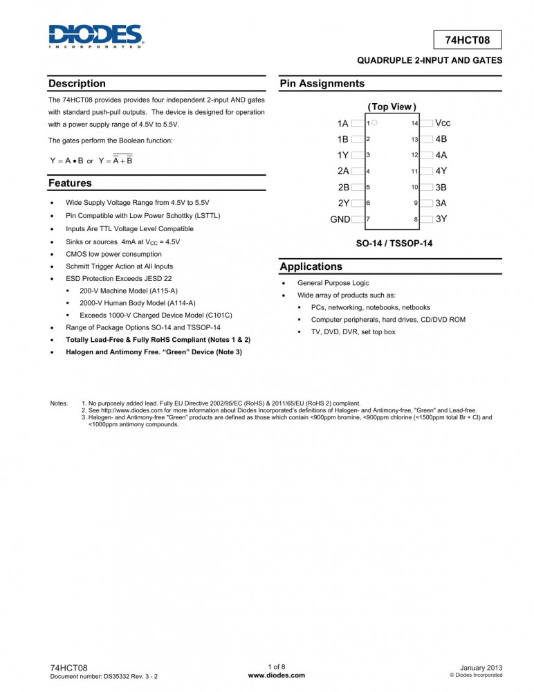 74HCT08T14-13 datasheet page 1