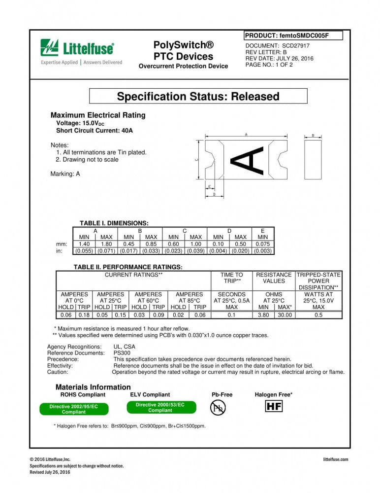 FEMTOSMDC005F-2 technical specification page 1