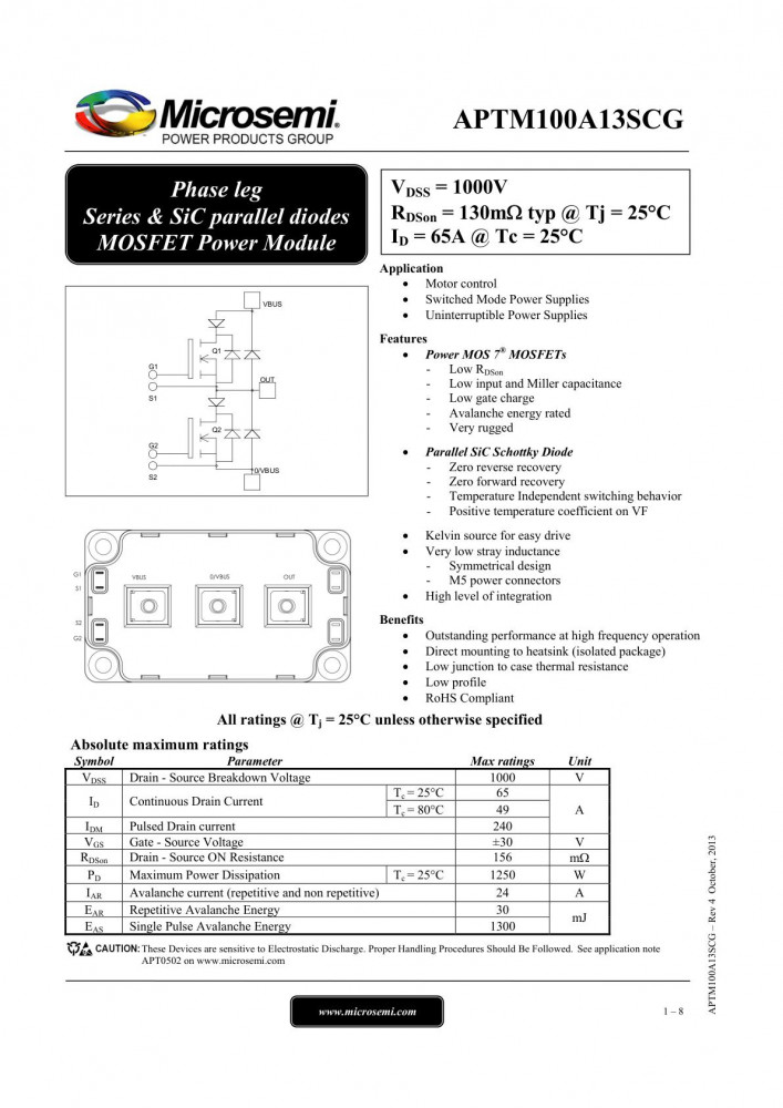 APTM100A13SCG technical document page 1