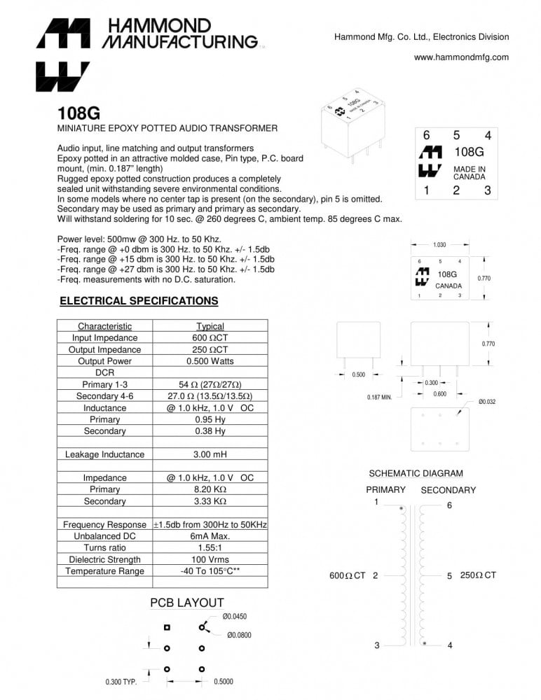 Hammond 108G technical drawing and specifications