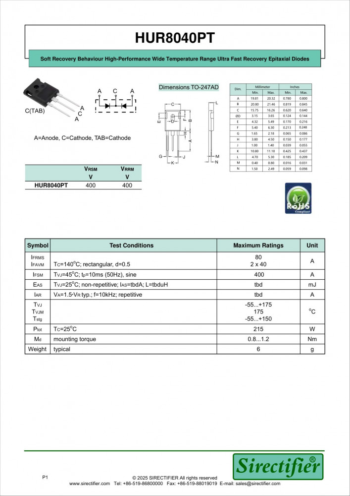 HUR8040PT datasheet page 1