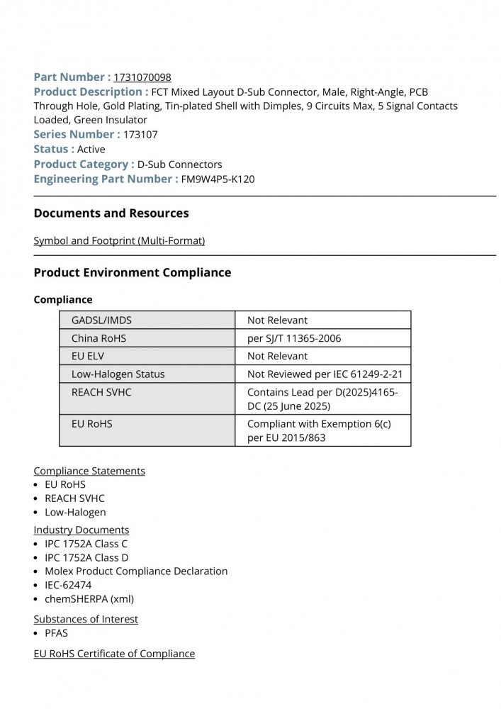 MOLEX 1731070098 technical document page 1