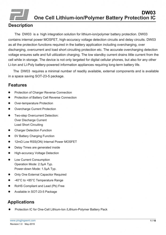 DW03 datasheet page 1