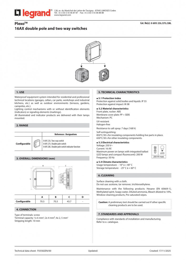 Legrand Plexo 069528L product technical documentation page